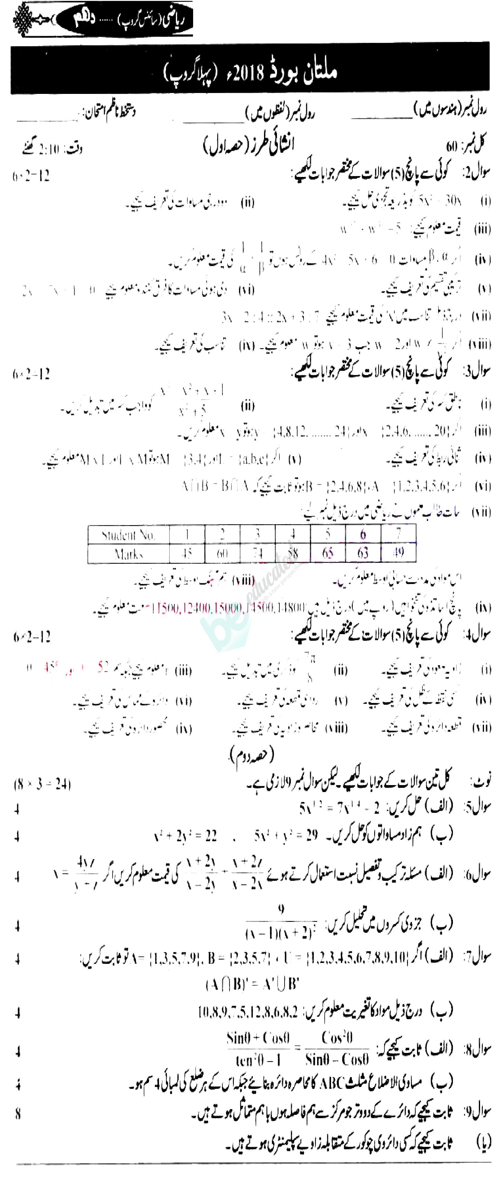 10th Class Math Past Papers 10th Urdu Medium BISE Multan Board 2018