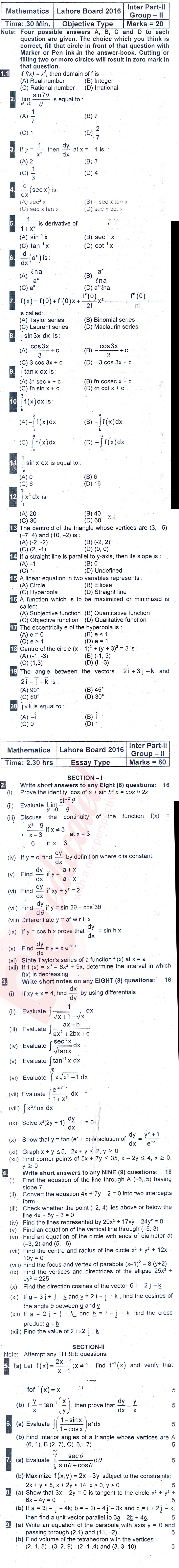 Math 12th Class Past Paper Group 2 BISE Lahore 2016 Past Papers