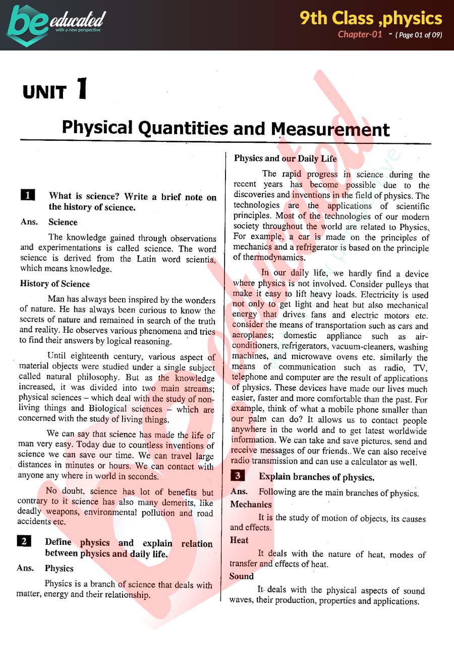 Chapter 1 Physics 9th Class Notes Matric Part 1 Notes
